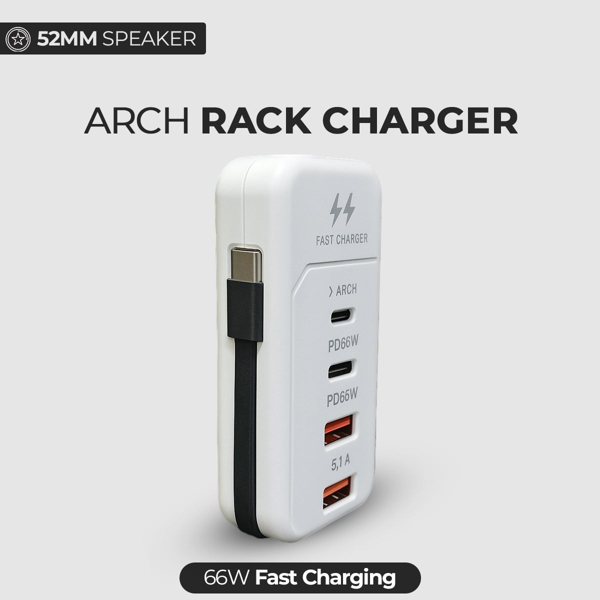Arch Rack Charger – 66W Fast Charging Hub with Dual Type-C & Built-in Cable